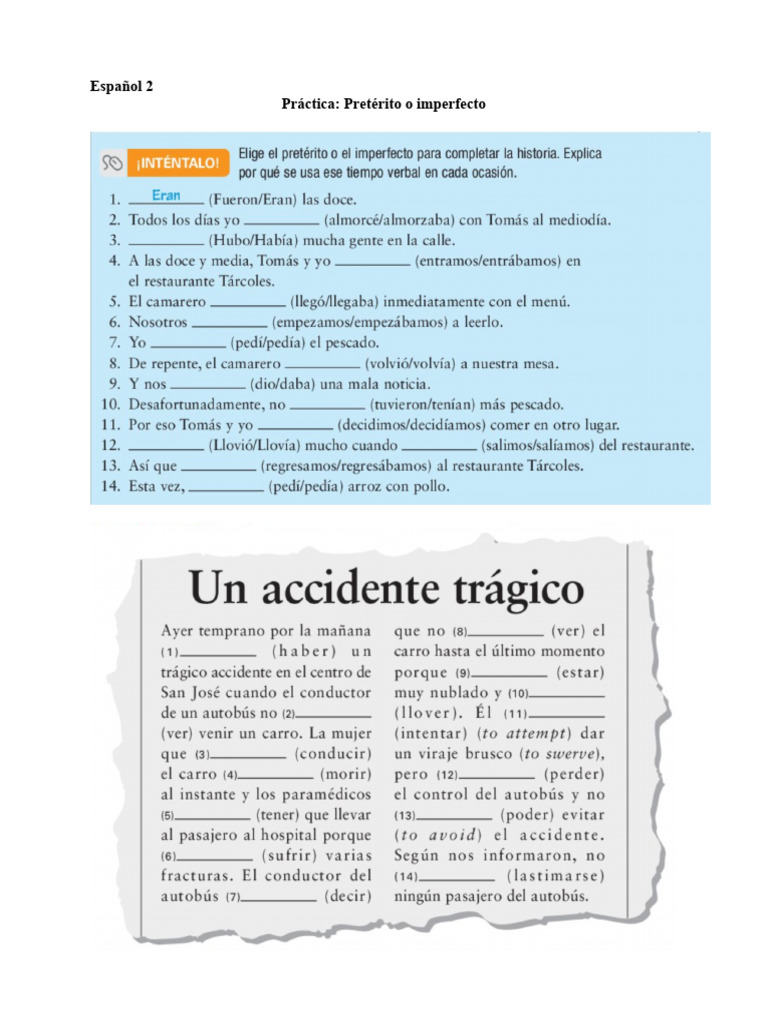 Practica - Imperfecto Preterito-Accidente | PDF | Artes del Lenguaje y ...
