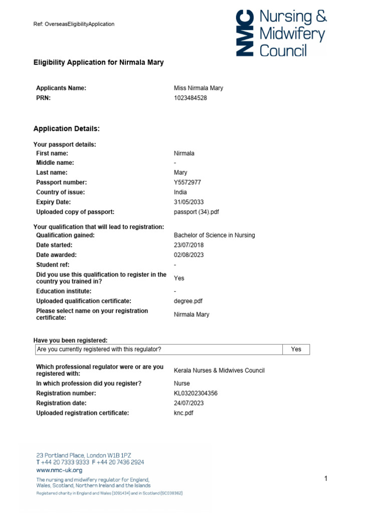 Nirmala Mary's Nursing Eligibility Application | PDF | Nursing | Health ...