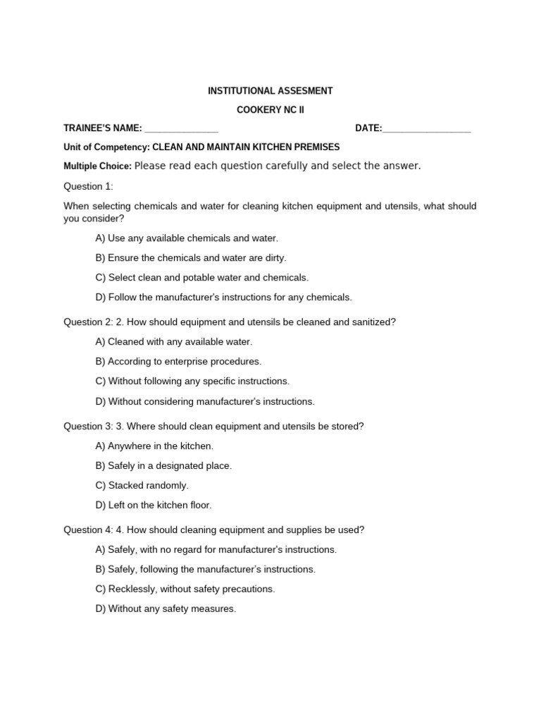 Kitchen Maintenance and Food Prep Assessment | PDF | Educational ...