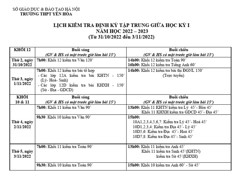 Lich Kiem Tra Giua Hoc Ky I - NH 2022-2023 | PDF