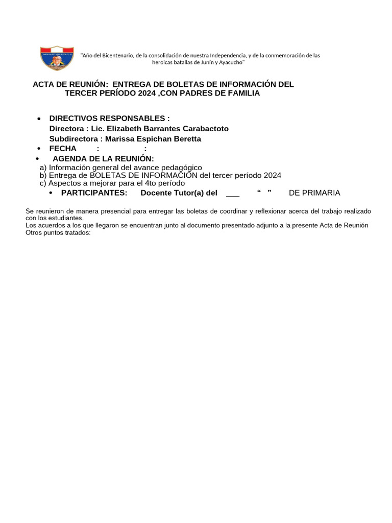 Modelo de ACTA D REUNIÓN CON PP - FF Entrega de BOLETAS DE INFORMACIÓN ...