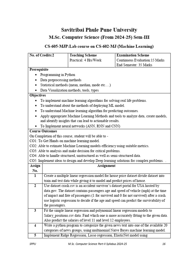 CS-605-MJPLab Course On CS-602-MJ (Machine Learning) | PDF | Machine Learning | Regression Analysis
