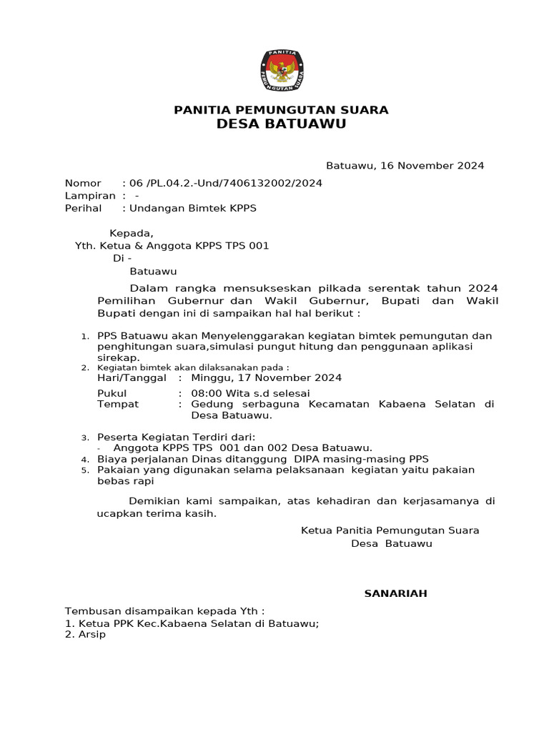 Undangan Bimtek KPPS Pilkada 2024 | PDF