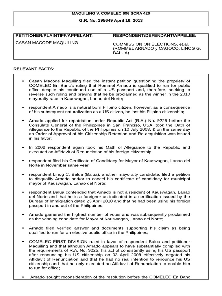 Maquiling v. Comelec 696 SCRA 420 Case Digest Izah | PDF | Citizenship ...