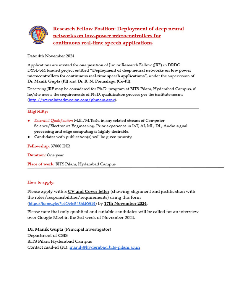 DRDO Project JRF Advertisement Oct 2024 - V1 | PDF | Computers