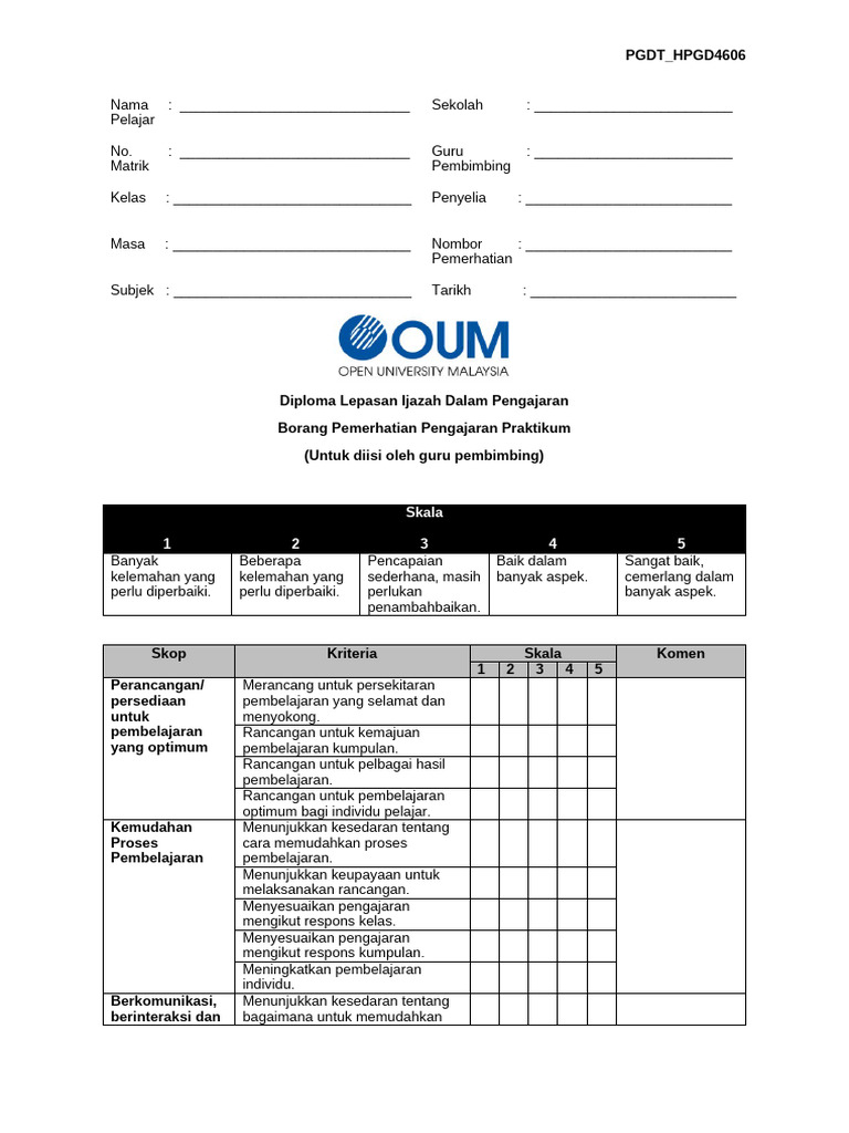 Borang Pemerhatian Pengajaran Praktikum (BM) | PDF