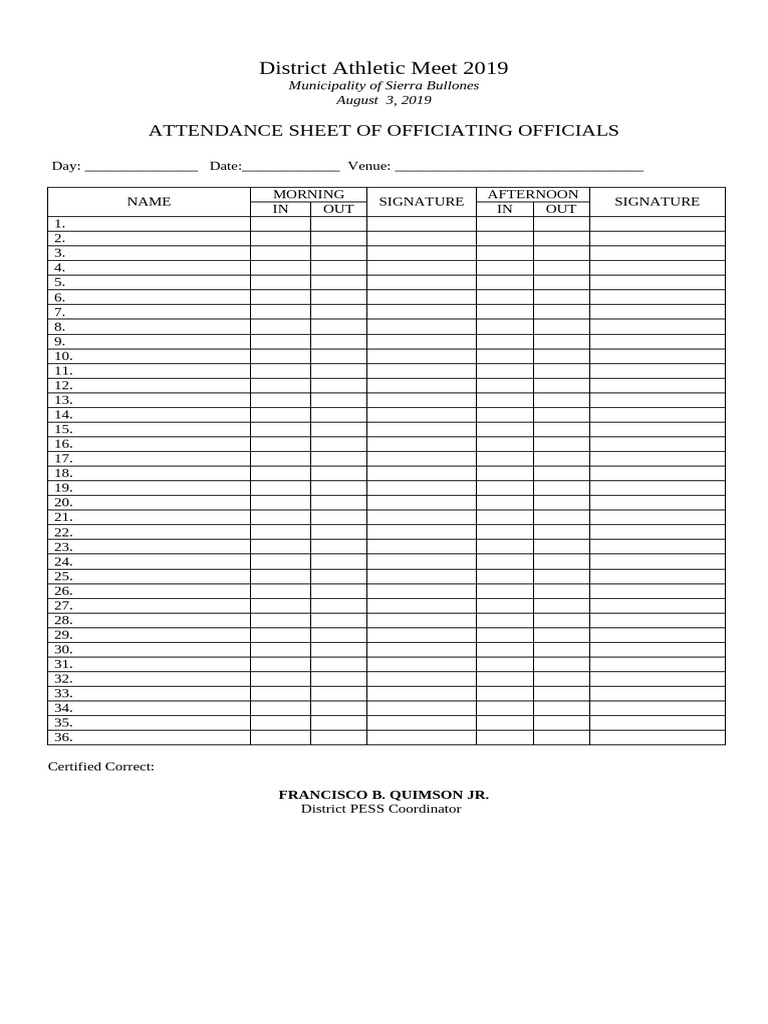 Official Attendance Sheet 2019 | PDF