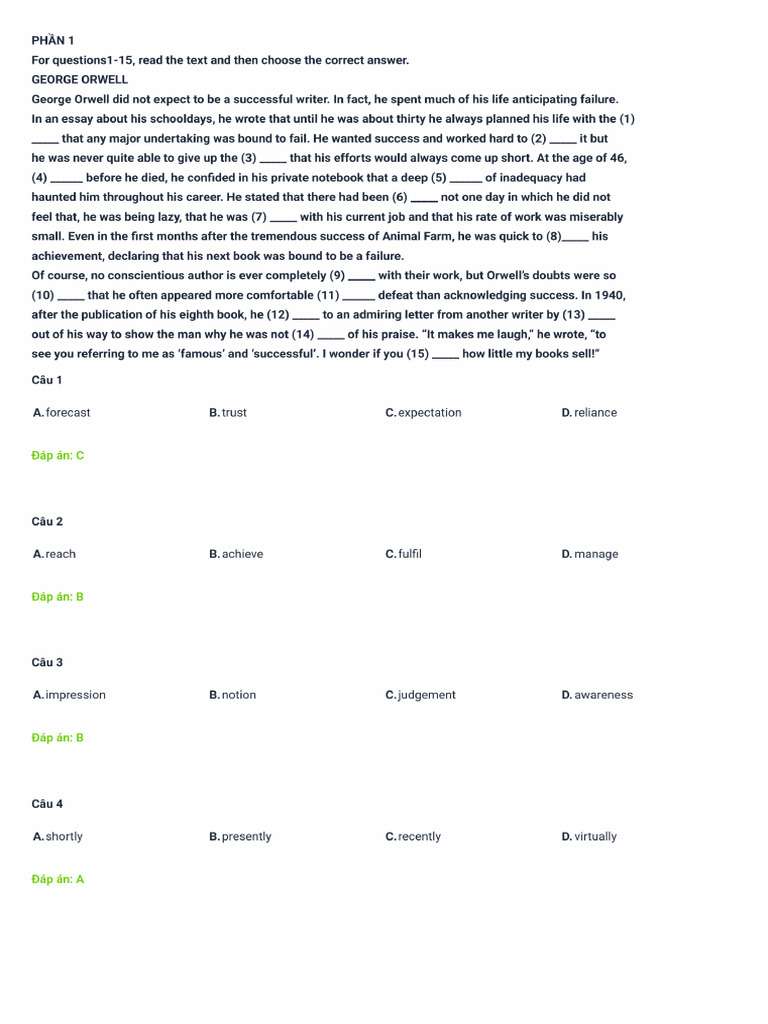 Multiple Choice Cloze Test 1 13 11 2024 | PDF
