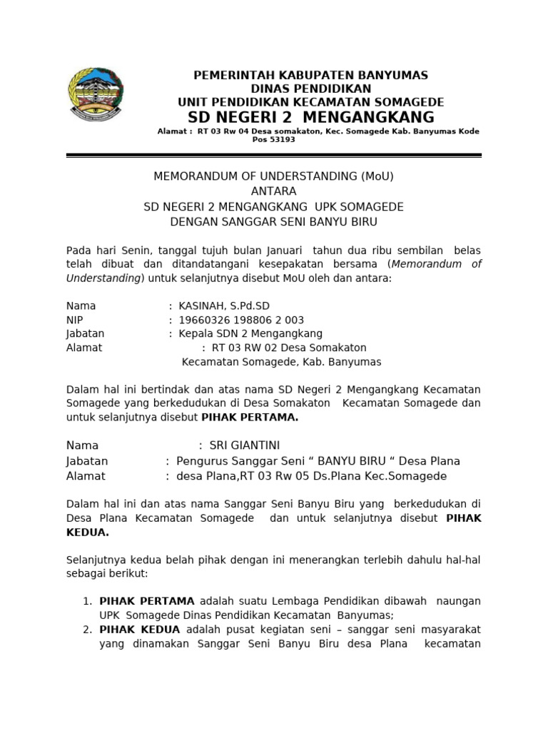 MoU SDN 2 Mengangkang dan Sanggar Seni | PDF