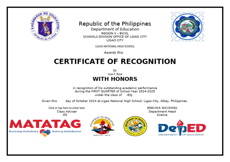 Certificate of Recognition Matatag Logo | PDF