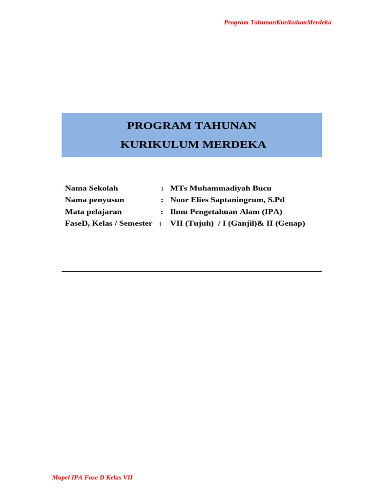 Program Tahunan IPA Kelas VII 2023/2024 | PDF | Sains & Matematika ...