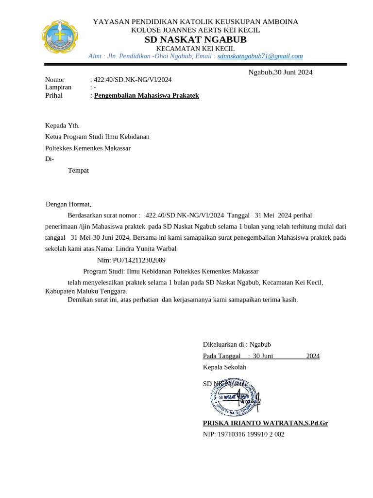 Surat Pengembalian Dari Sekolah | PDF