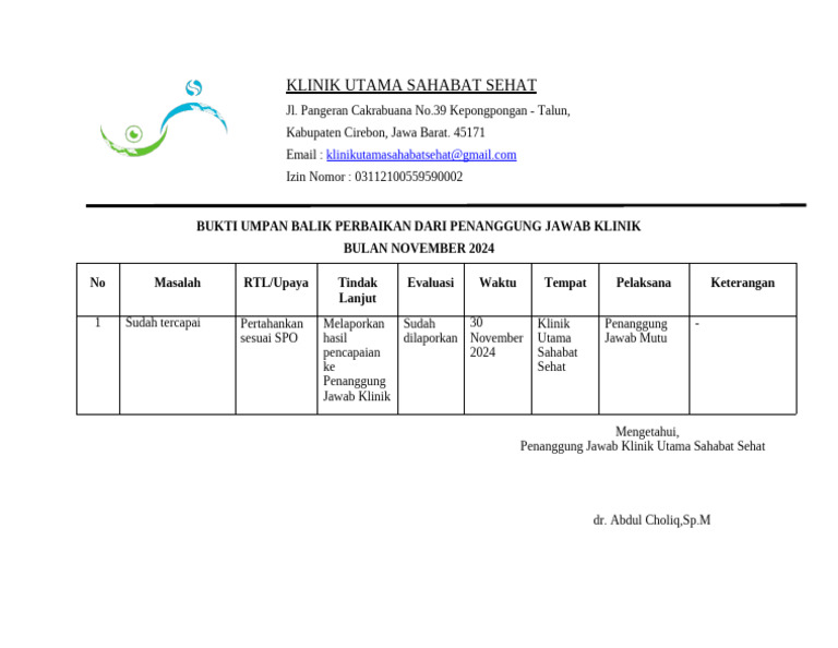 2.1.2.4 Bukti Umpan Balik Perbakian Dari Penanggung Jawab Klinik | PDF | Kesehatan Holistik