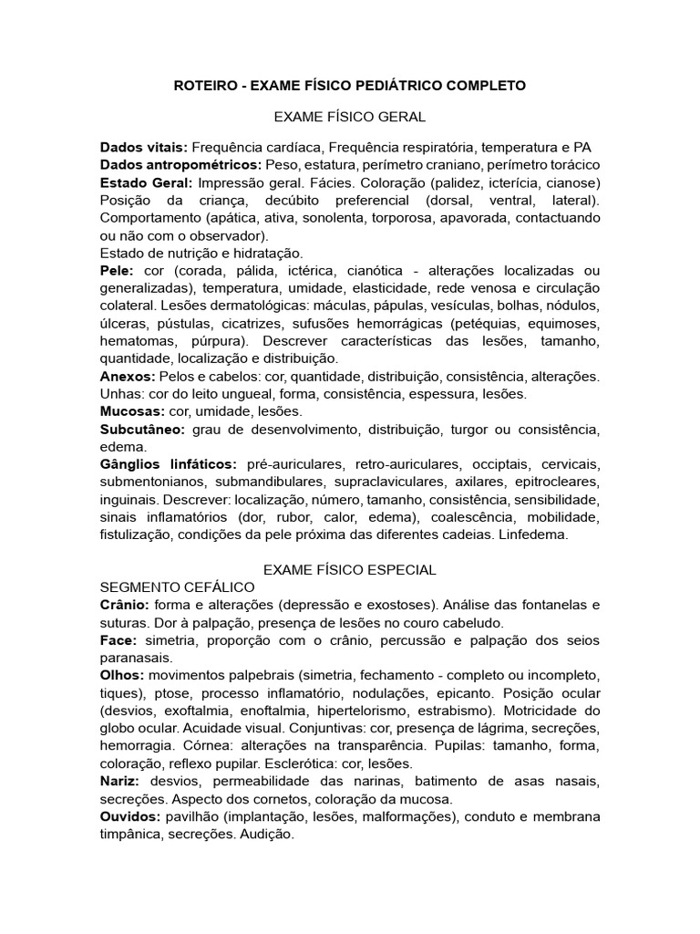 Roteiro Exame Fã - Sico Ped Completo | PDF | Anatomia | Órgão (anatomia)