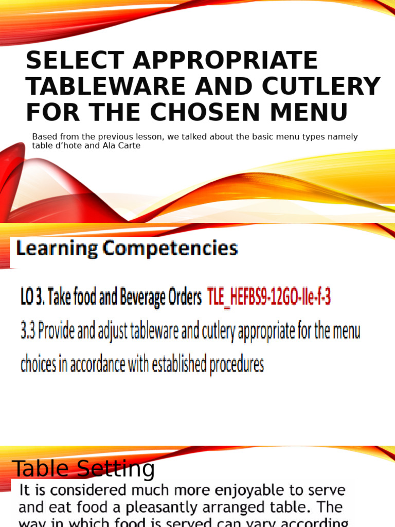 Select Appropriate Tableware and Cutlery For The Chosen | PDF