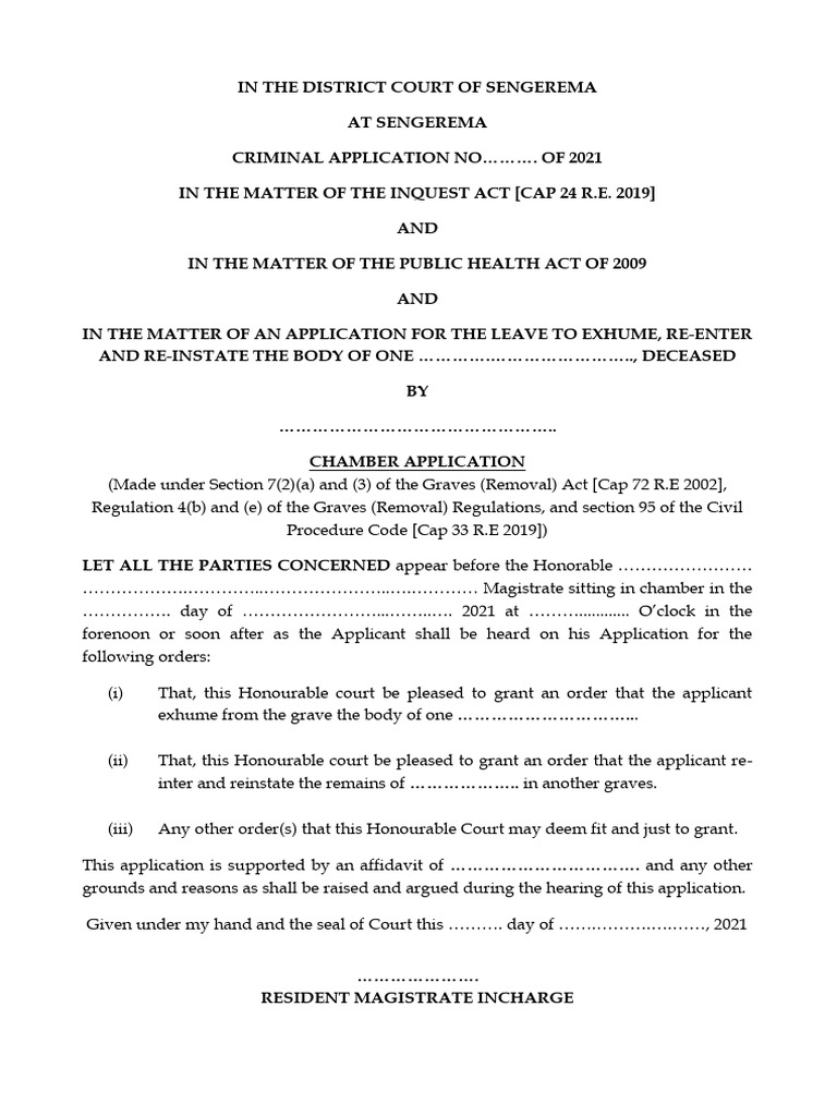 Exhumation Application in Sengerema Court | PDF | Burial | Government
