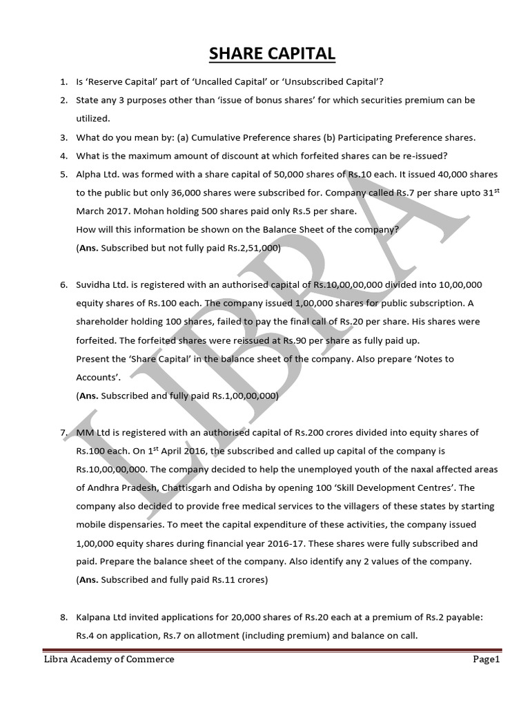 Share Capital Question Bank MAIN | PDF | Equity (Finance) | Balance Sheet