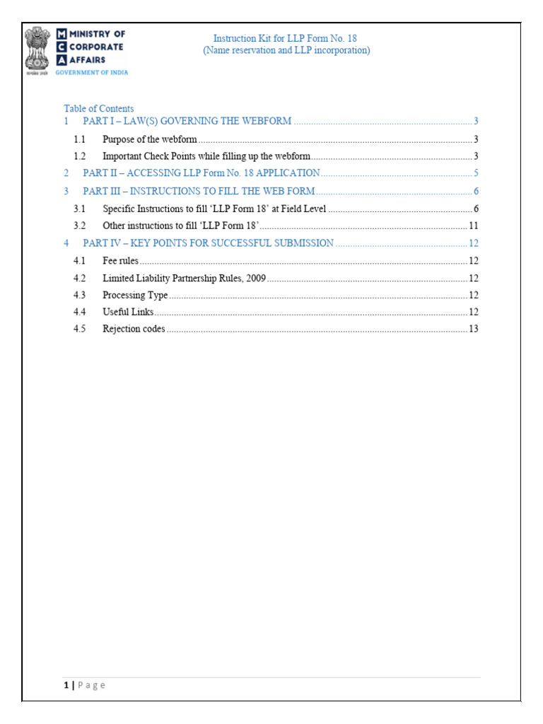 LLP Form No. 18 Instruction Kit | PDF | Limited Liability Partnership ...