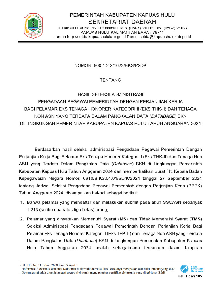 Pengumuman Pra Sanggah Seleksi Administrasi Bagi Eks THK II Dan Database BKN p3k 2024 Sign2 | PDF