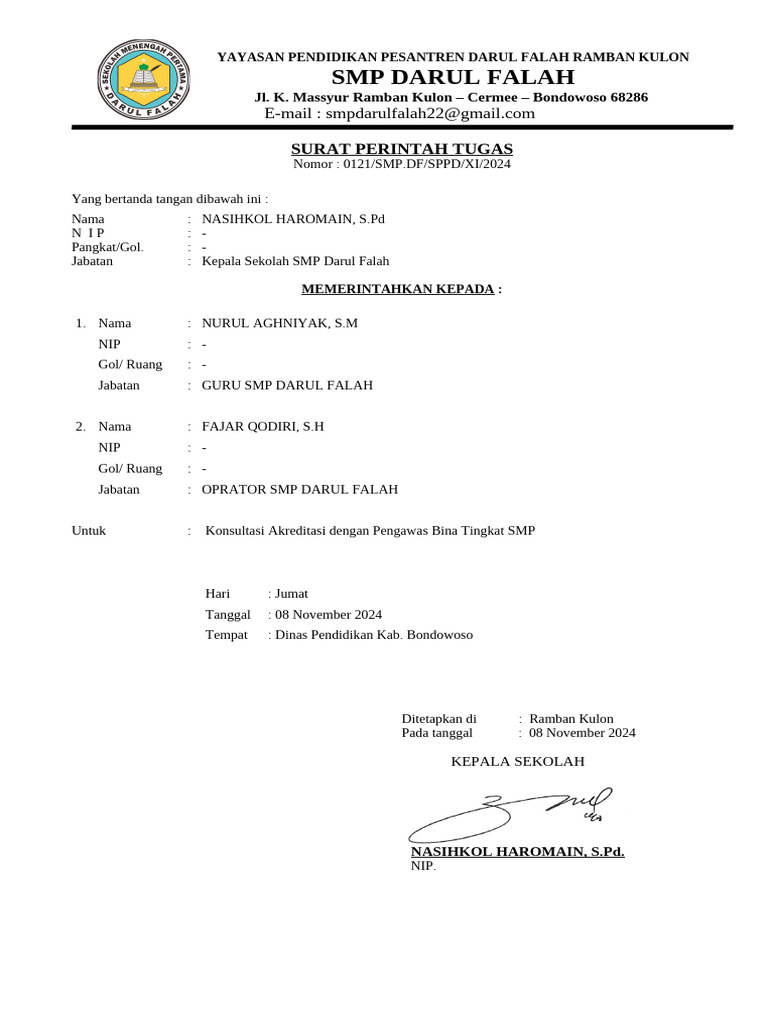 Surat Tugas dan SPPD SMP Darul Falah | PDF