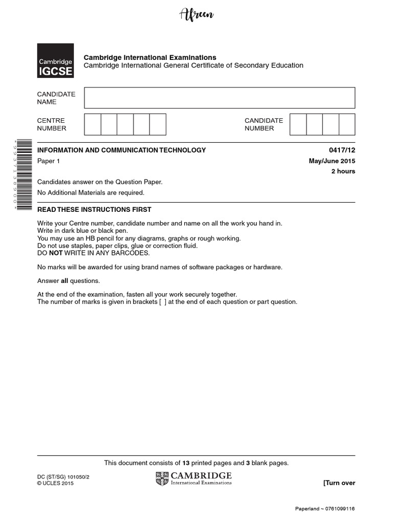 ICT Exam Paper for Students | PDF | Input/Output | Computer File
