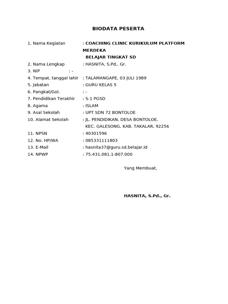 Biodata Peserta | PDF | Gaya Hidup