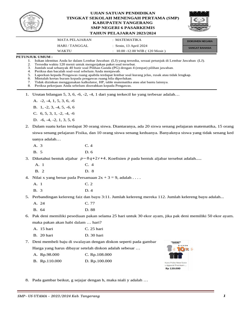 Soal US Matematika Kelas 9 TP 2023-2024 | PDF