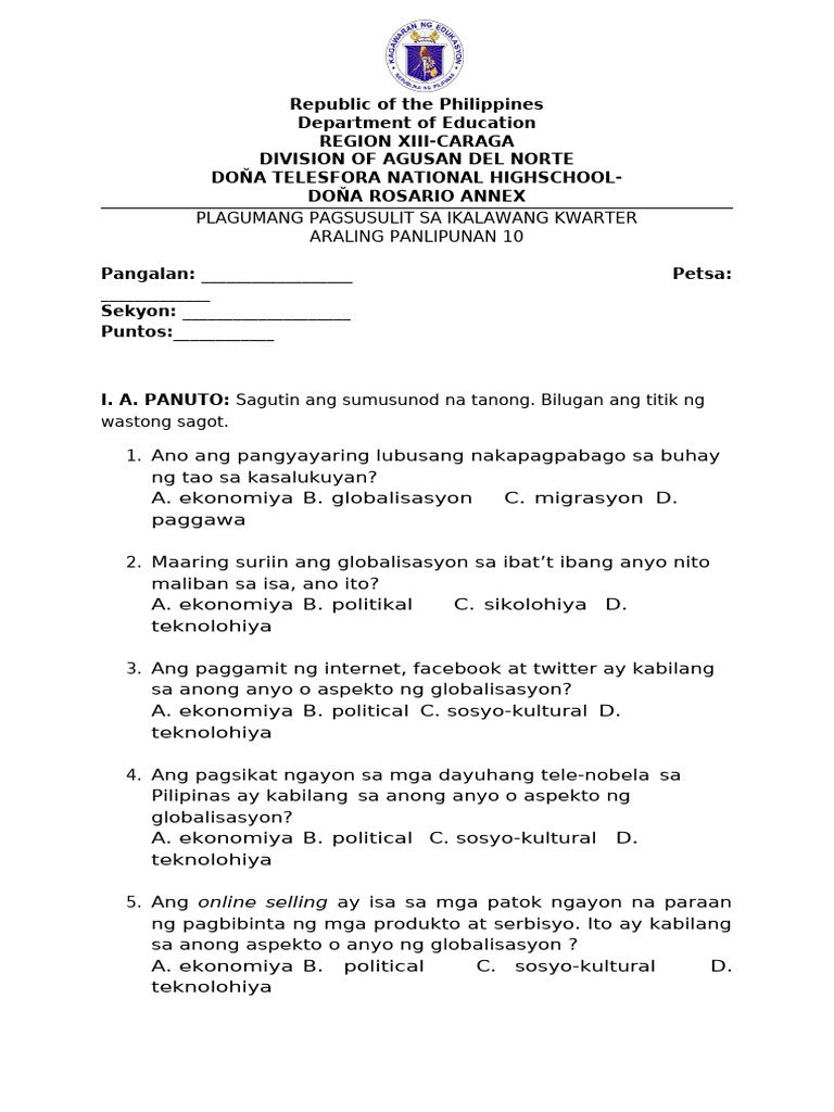 Grade 10 Araling Panlipunan Summative Exam 2nd Quarter | PDF