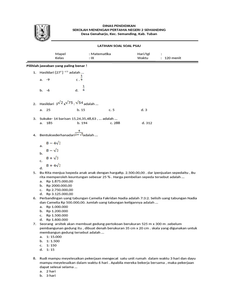 Latihan Soal Matematika Kelas IX | PDF