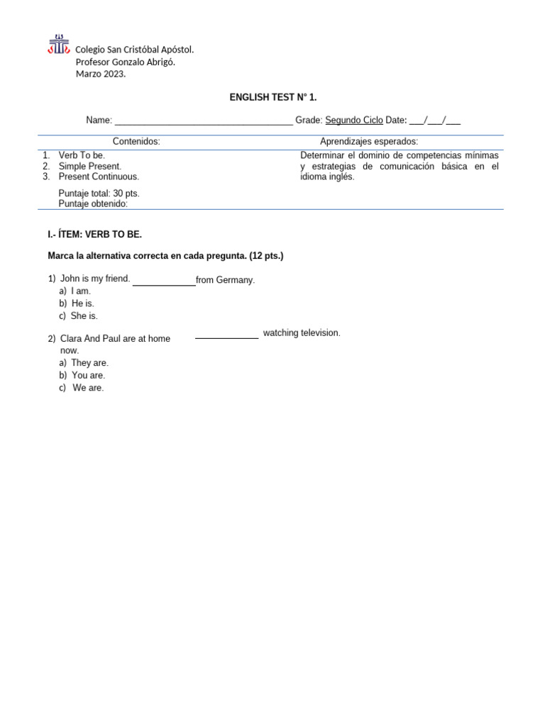 English Test: Verb Tenses Practice | PDF | Language Arts & Discipline ...