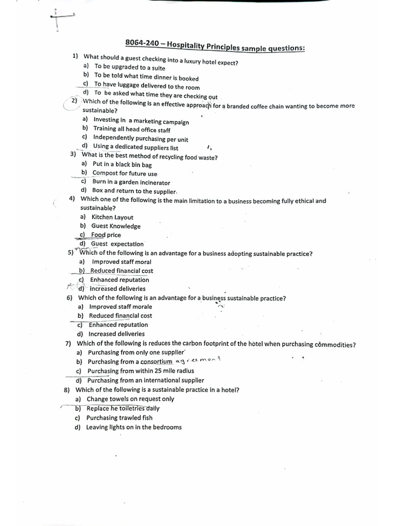Hospitality Principles Sample Questions | PDF