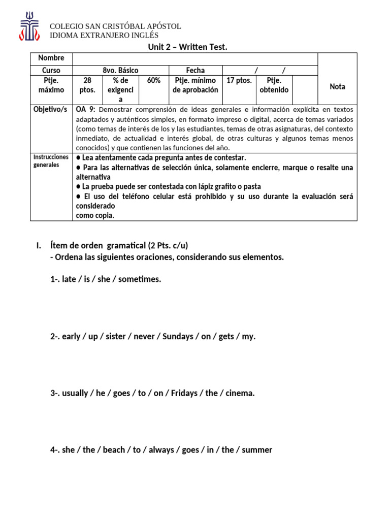 8vo. Básico - Inglés - Prueba Escrita U1 | PDF