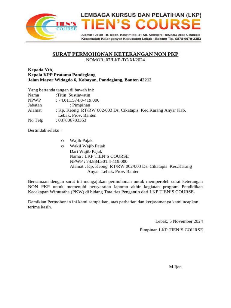Surat Permohonan Non PKP | PDF