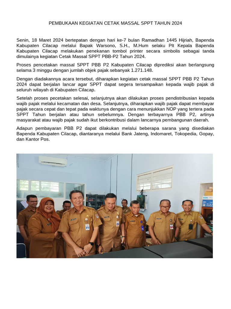 Narasi Pembukaan Kegiatan Cetak Massal SPPT Tahun 2024 | PDF | Pengelolaan Keuangan & Uang