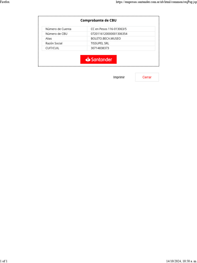 17.tissupel - Constancia Cbu Santander | PDF