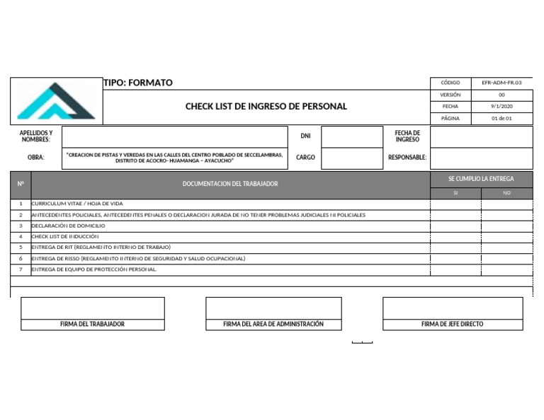 EFR-ADM-FR.03 Check List de Ingreso de Personal | PDF