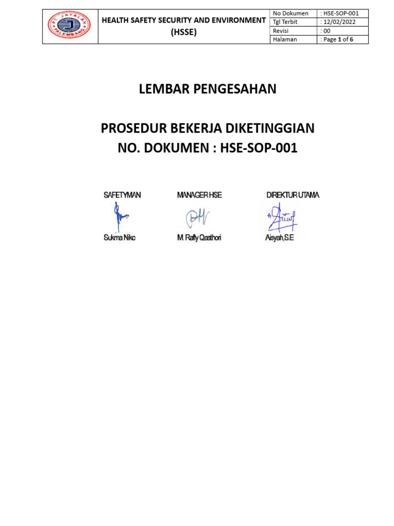 Lembar Pengesahan Prosedur Bekerja Diketinggian No. Dokumen: Hse-Sop ...