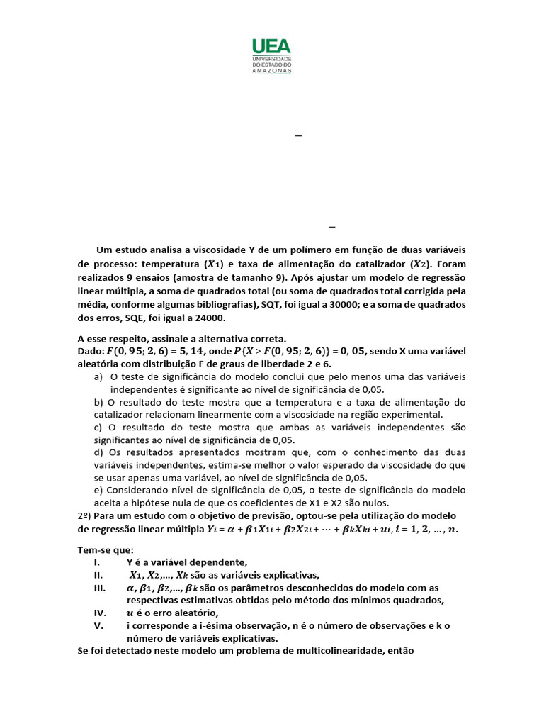 2 - Lista de Exerc-Cios - Regress-O Linear M-Ltipla | PDF | Regressão linear | Método dos ...