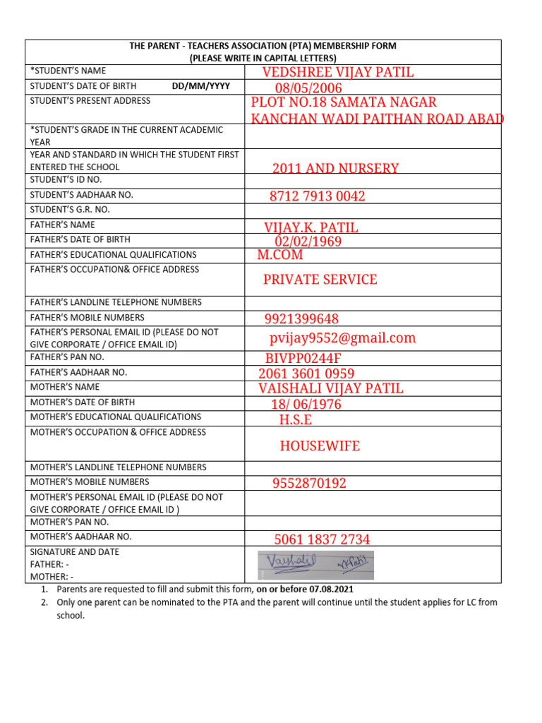 Pta Membership Form | PDF