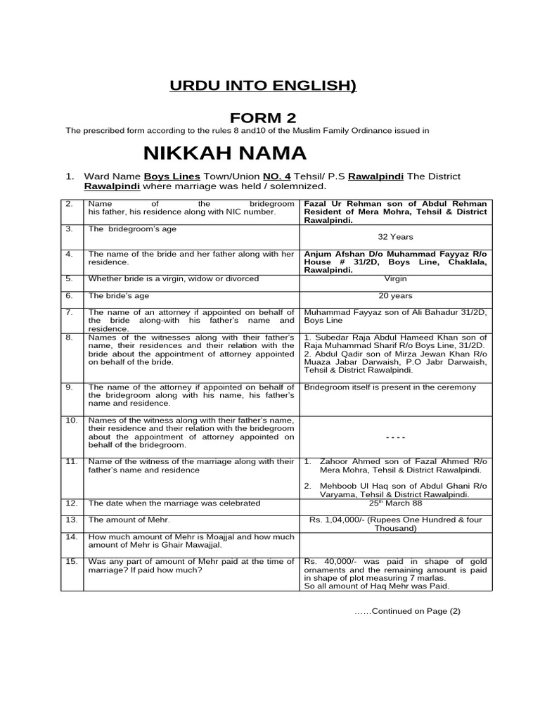 Nikkahnama Fazal Ur Rehman Vs Anjum | PDF | Marriage, Unions And Partnerships | Marriage