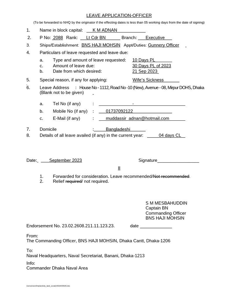 Leave Application Form | PDF | Positions Of Authority | Military Uniforms