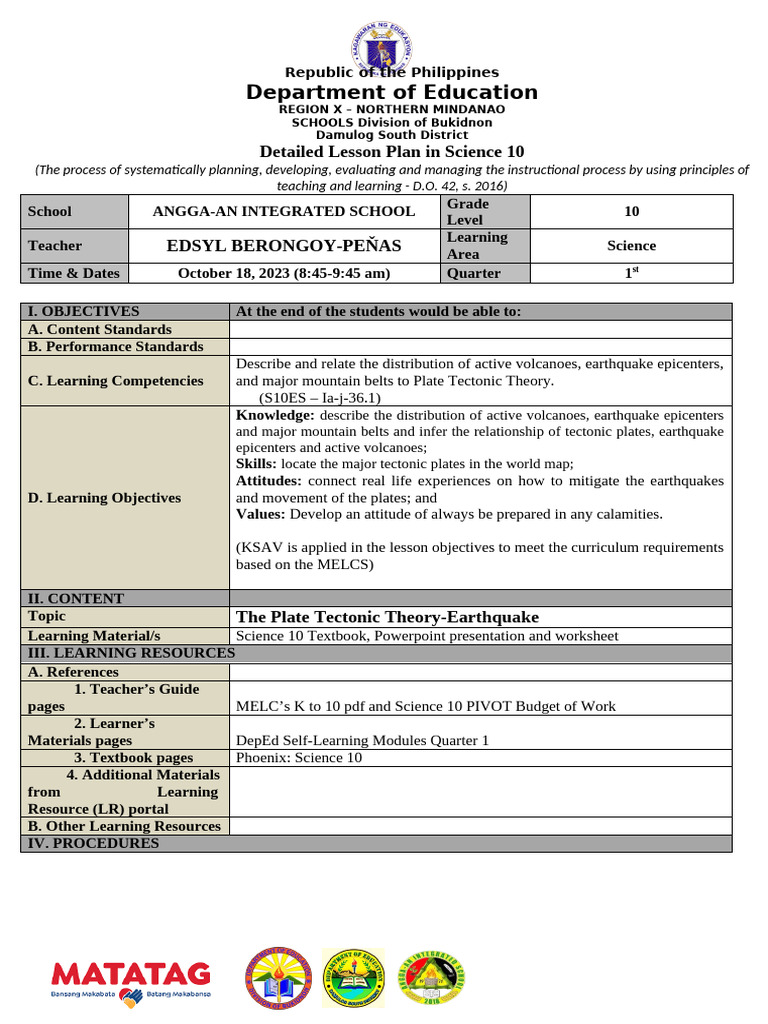 Science 10 Lesson Plan: Plate Tectonics | PDF | Lesson Plan | Plate ...