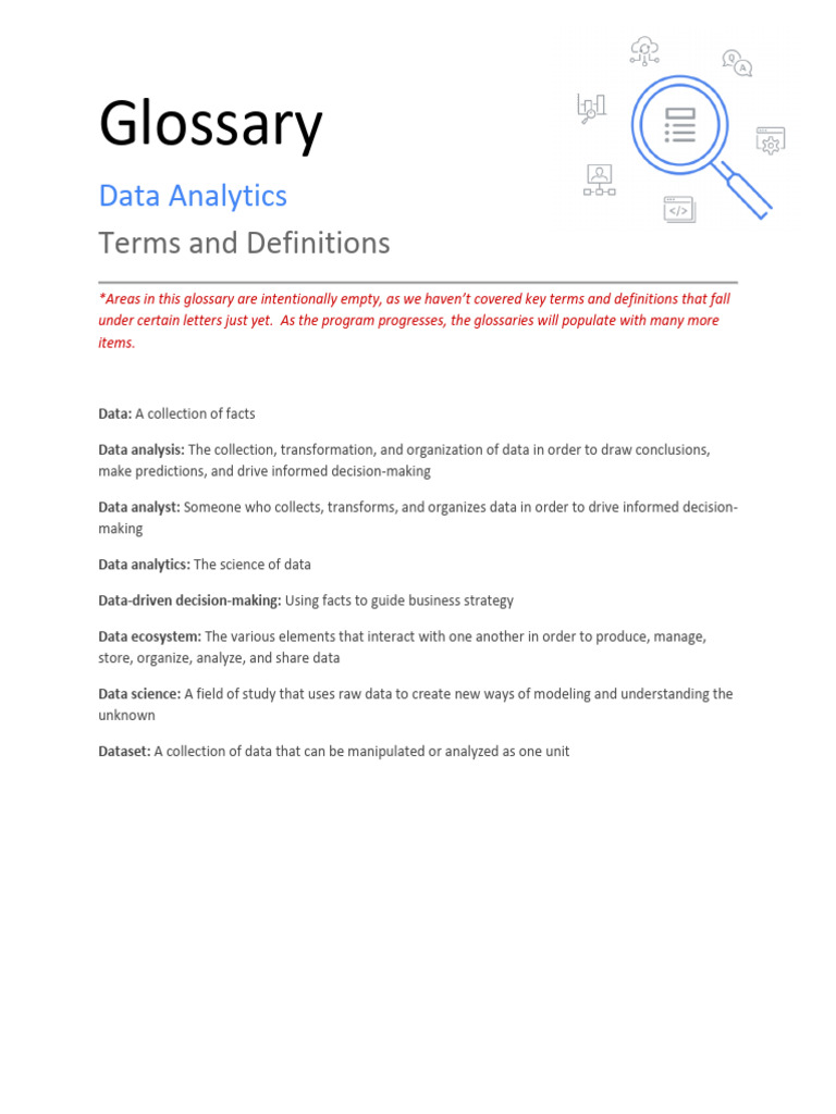 Course 1 Week 1 Glossary - DA Terms and Definitions | PDF