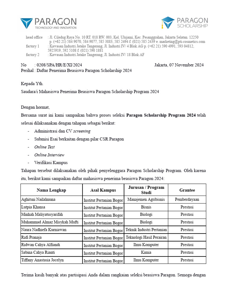 Grantee IPB - Surat Pemberitahuan Penerima Beasiswa Paragon 2024 | PDF