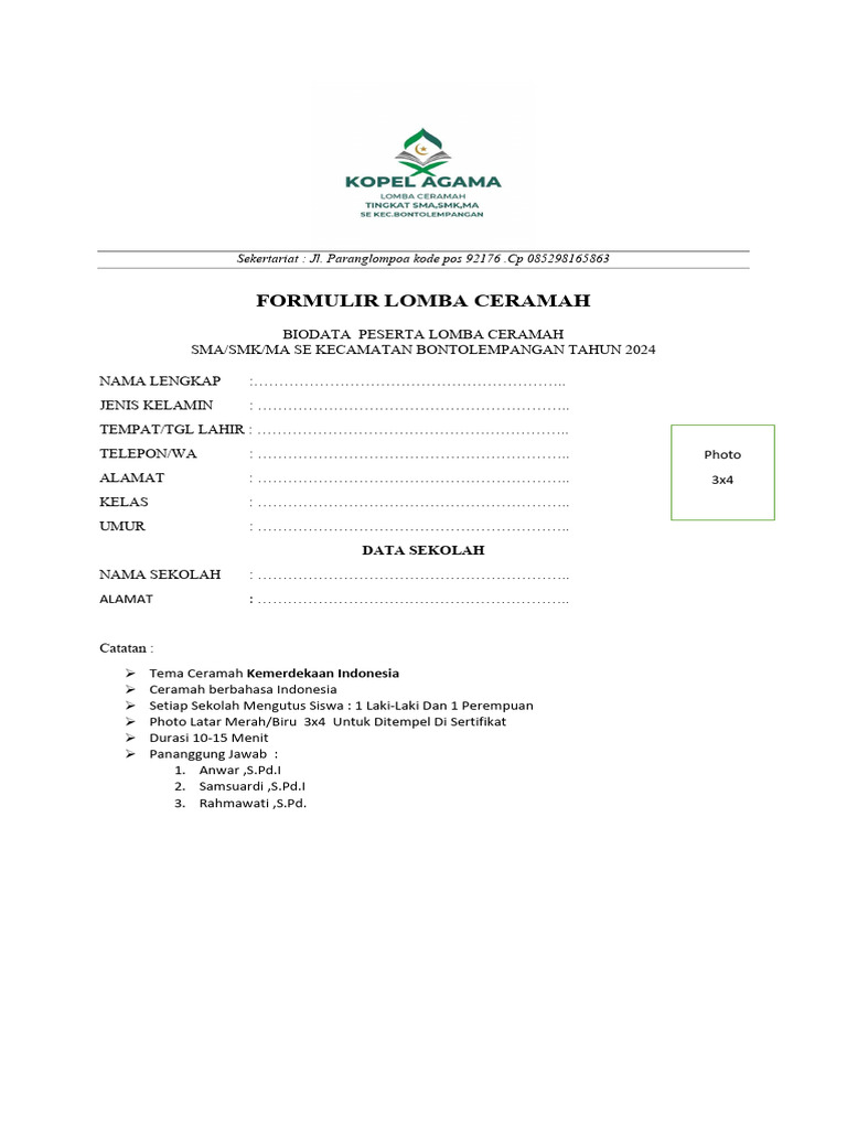 Formulir Lomba Ceramah 2024 | PDF