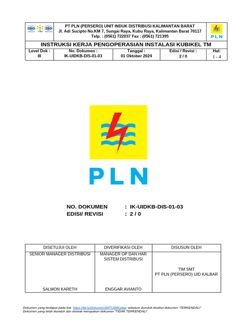 Instruksi Kerja Kubikel TM PLN Kalbar | PDF