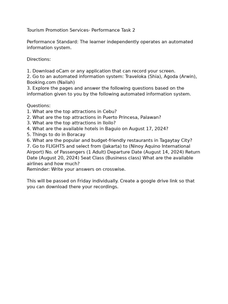 Tourism - Performance Task 2 | PDF | Business