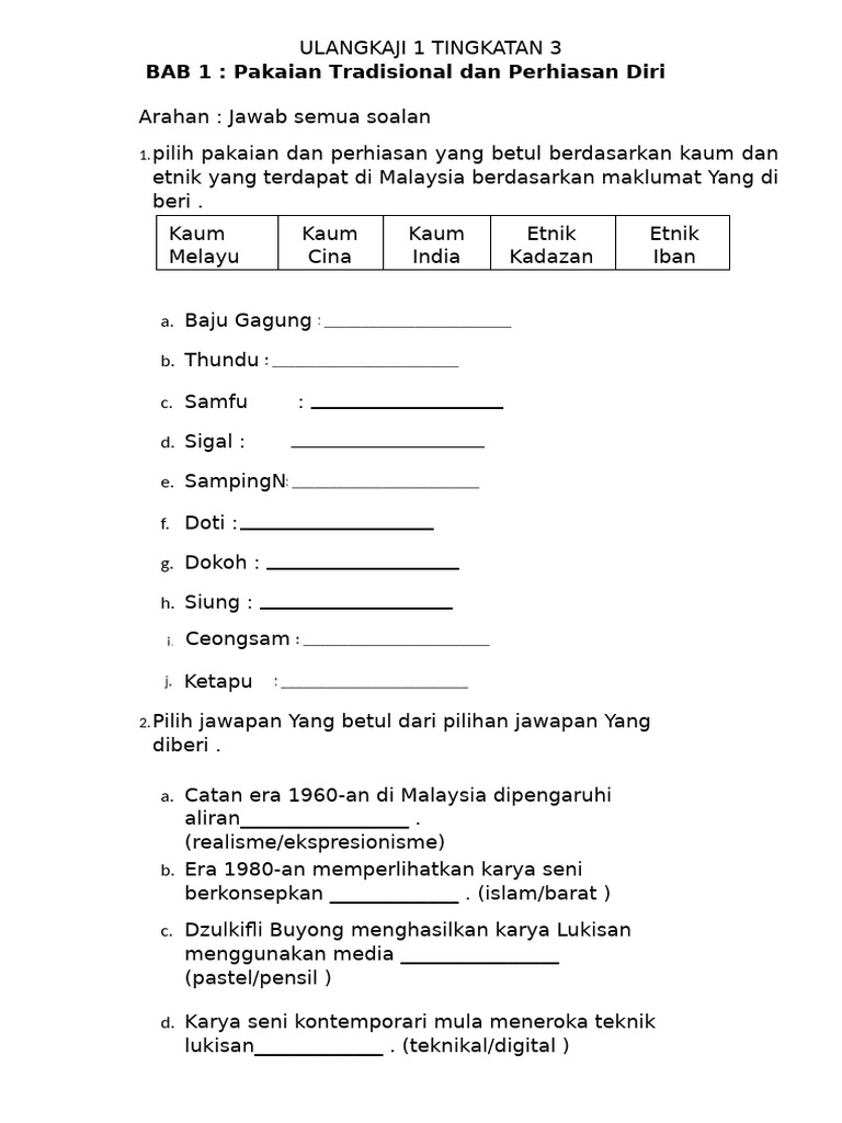 Latihan PSV Tingkatan 3: Seni dan Budaya | PDF