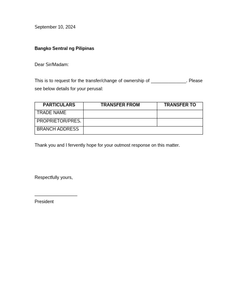 BSP Letter Transfer | PDF | Business | Law