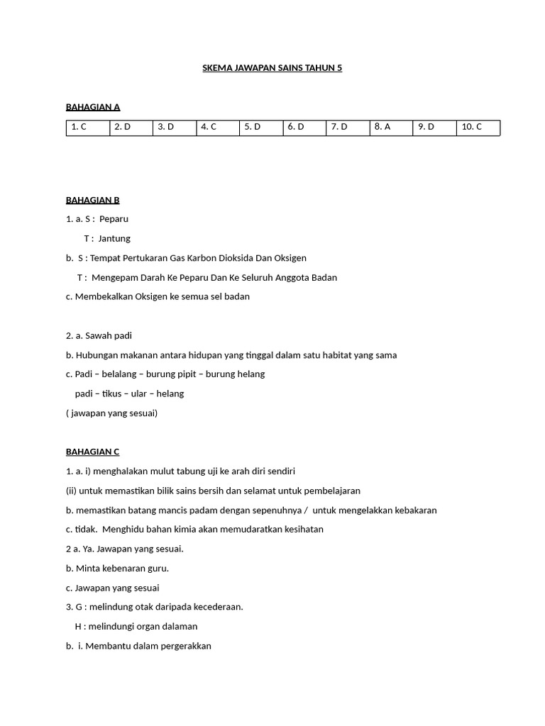 Skema Jawapan Sains Tahun 5 | PDF
